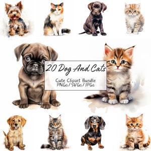 Cute Watercolor Dogs and Cats Breeds, Puppies, Kittens, Adult Dogs ...