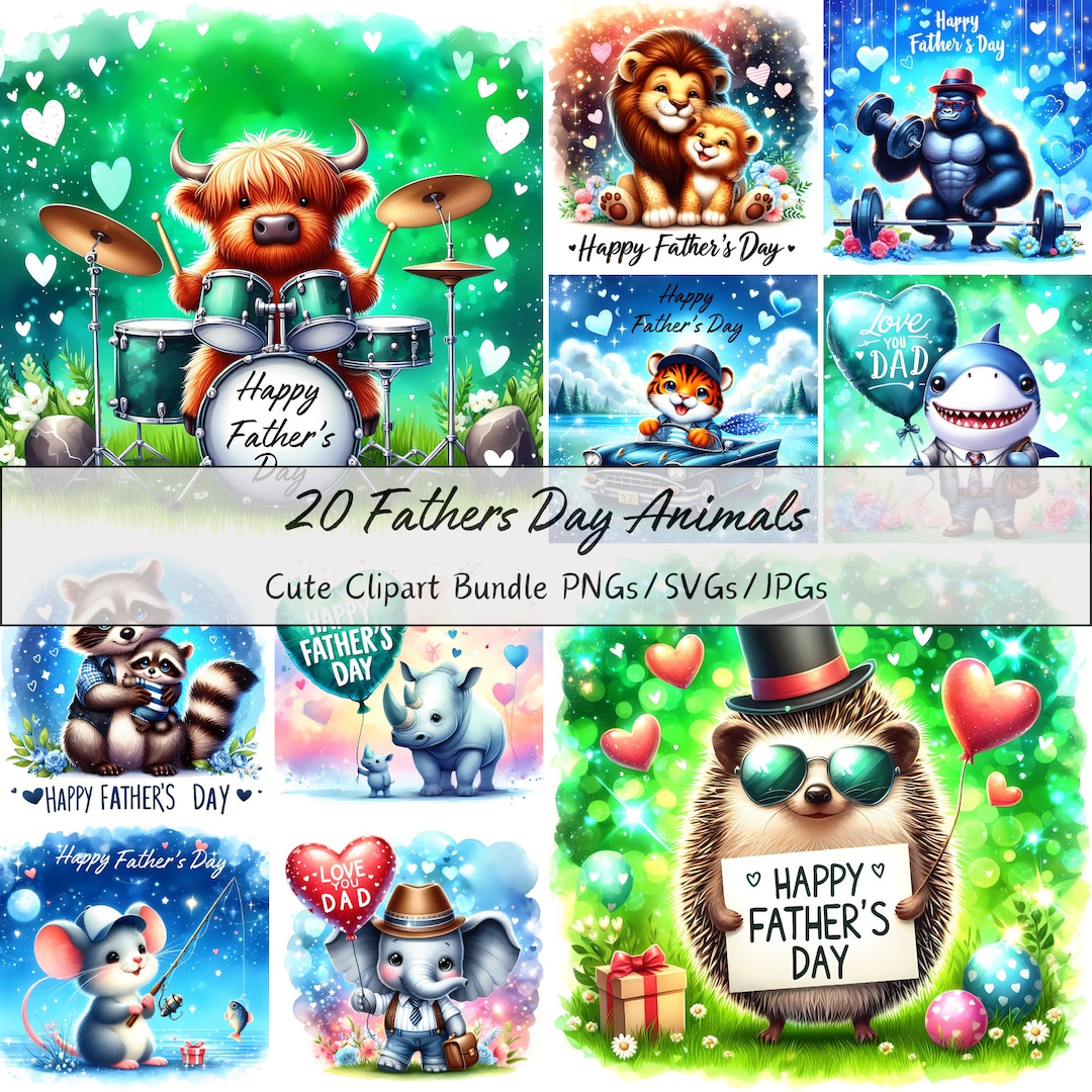 Happy Father's Day Animals Clipart Bundle, Watercolor Clip Art Images ...