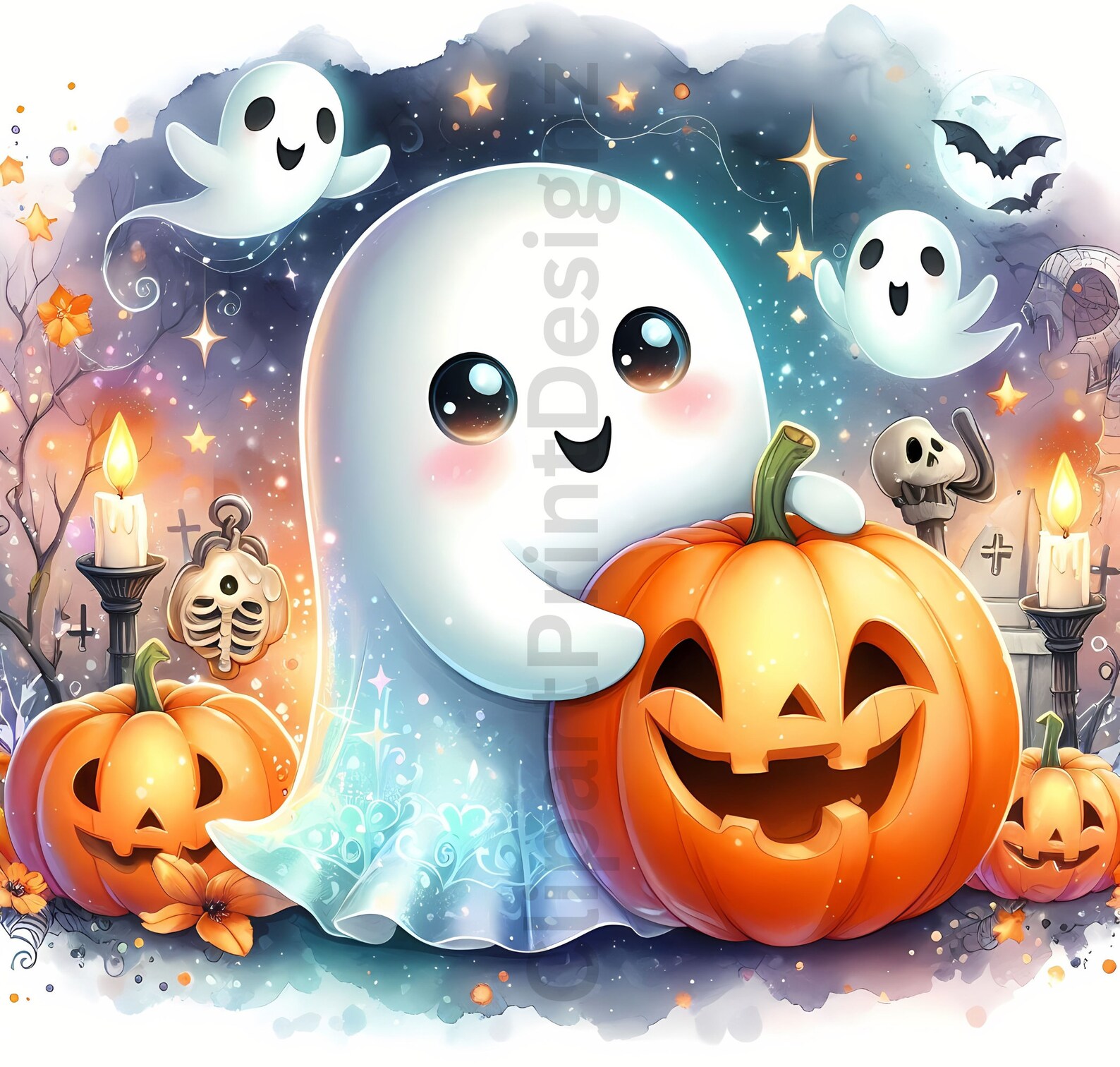 Cute Halloween Ghosts Clipart Bundle, Watercolor Ghost Clip Art Images ...