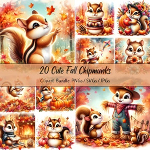Cute Fall Chipmunks Clipart Bundle, Watercolor Autumn Chipmunk Clip Art ...