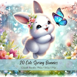 Cute Spring Bunny Clipart Bundle, Watercolor Clip Art Images, 20 High ...