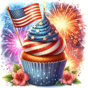 4th July Cupcakes Clipart Bundle, Watercolor Patriotic Files, High ...