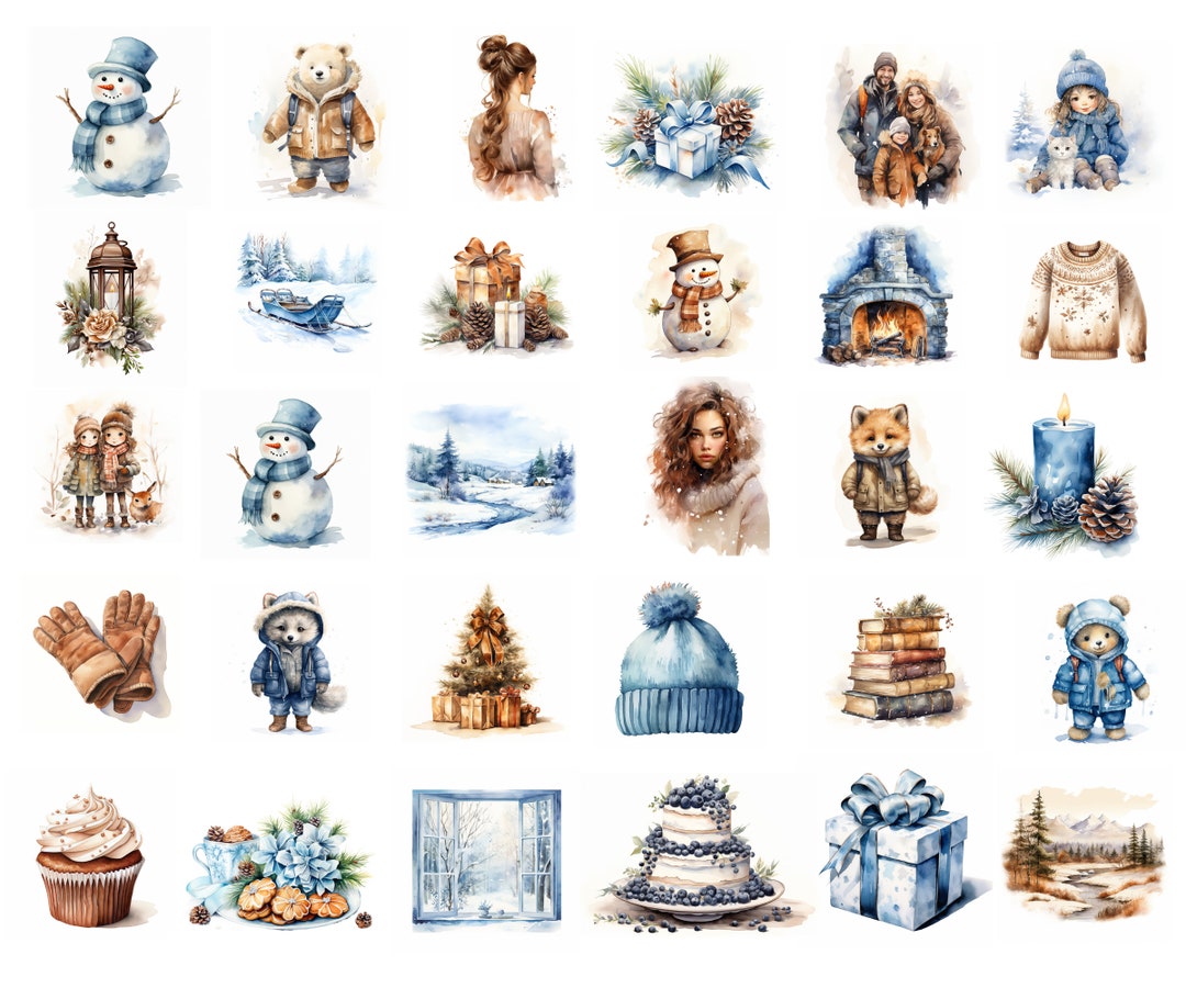 Cozy Winter Clipart Bundle, Boho Winter, Brown and Blue, Mega ...