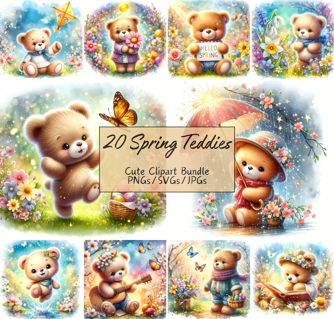 Cute Spring Teddy Bears Clipart Bundle, Watercolor Clip Art Images ...