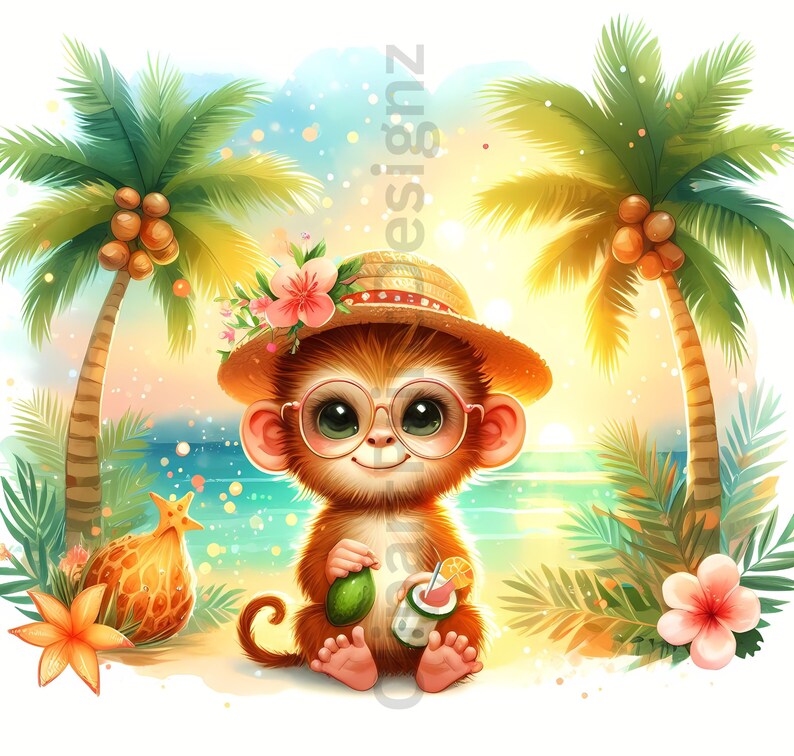 Cute Summer Monkeys Clipart Bundle, Watercolor Monkey Clip Art Images ...