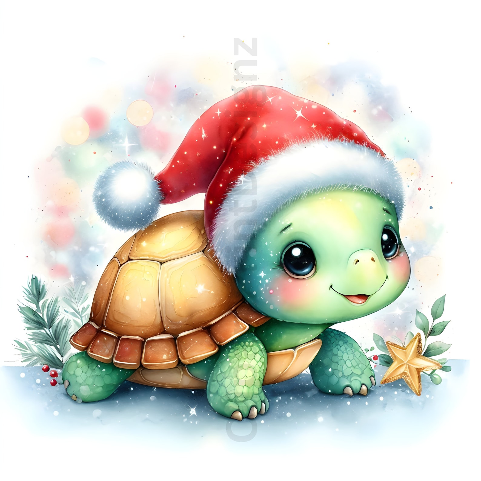 Cute Watercolor Christmas Turtles Clipart Bundle, Animals, 20 High ...