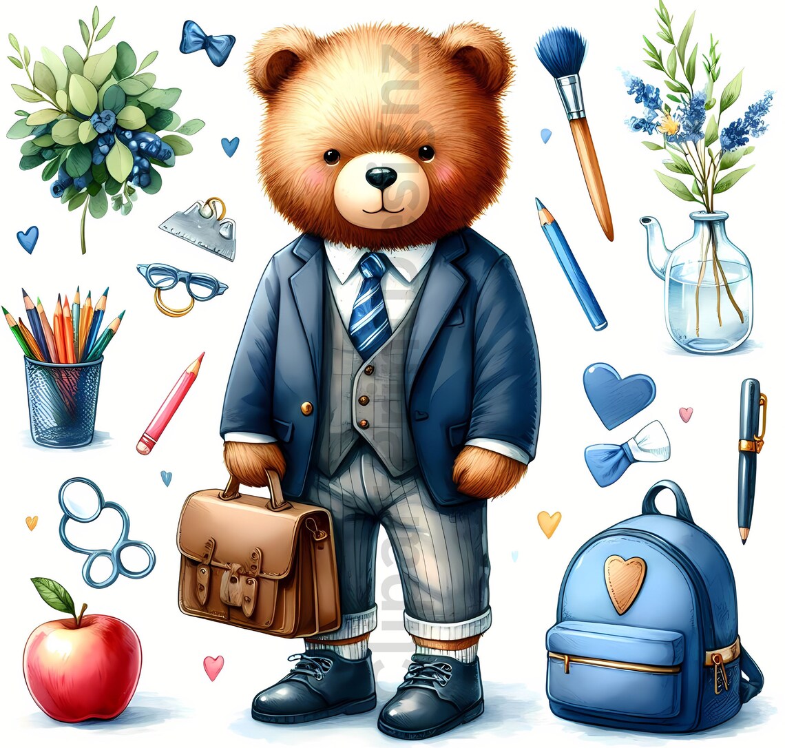 Cute Back to School Bears Clipart Bundle, Watercolor Bear Clip Art ...