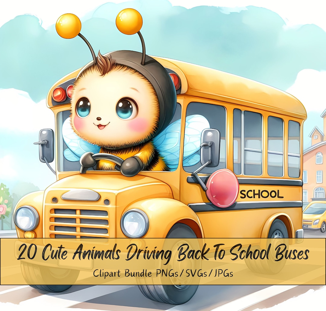 Cute Animals Driving Back to School Buses Clipart Bundle, Watercolor ...