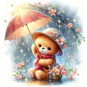 Cute Spring Teddy Bears Clipart Bundle, Watercolor Clip Art Images ...