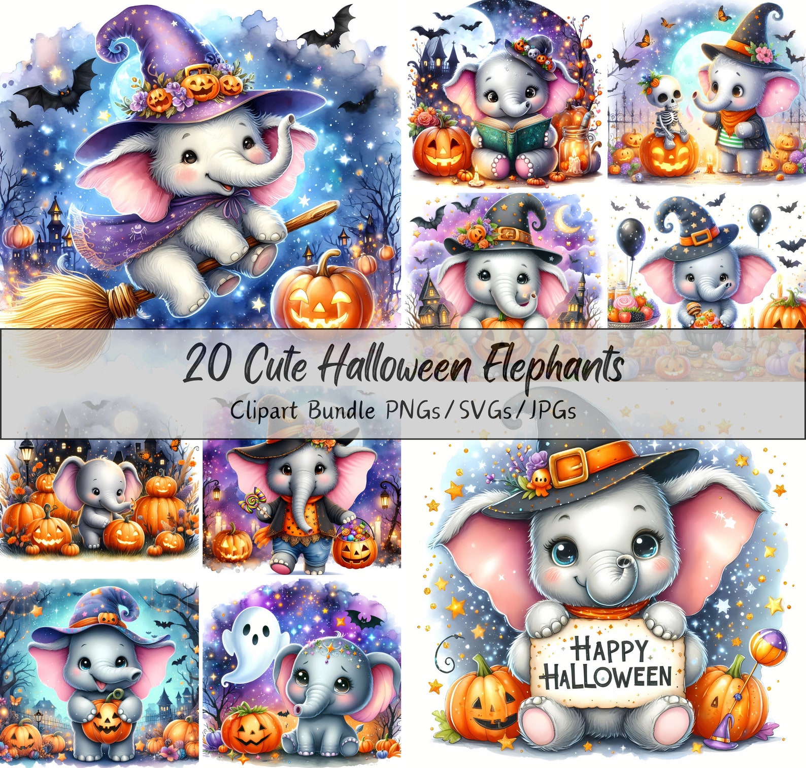 Cute Halloween Elephants Clipart Bundle, Watercolor Elephant Clip Art ...