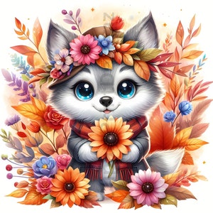 Cute Fall Wolves Clipart Bundle, Watercolor Autumn Wolf Clip Art Images ...