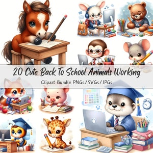 Cute Back to School Animals Working Clipart Bundle, Watercolor Animal ...