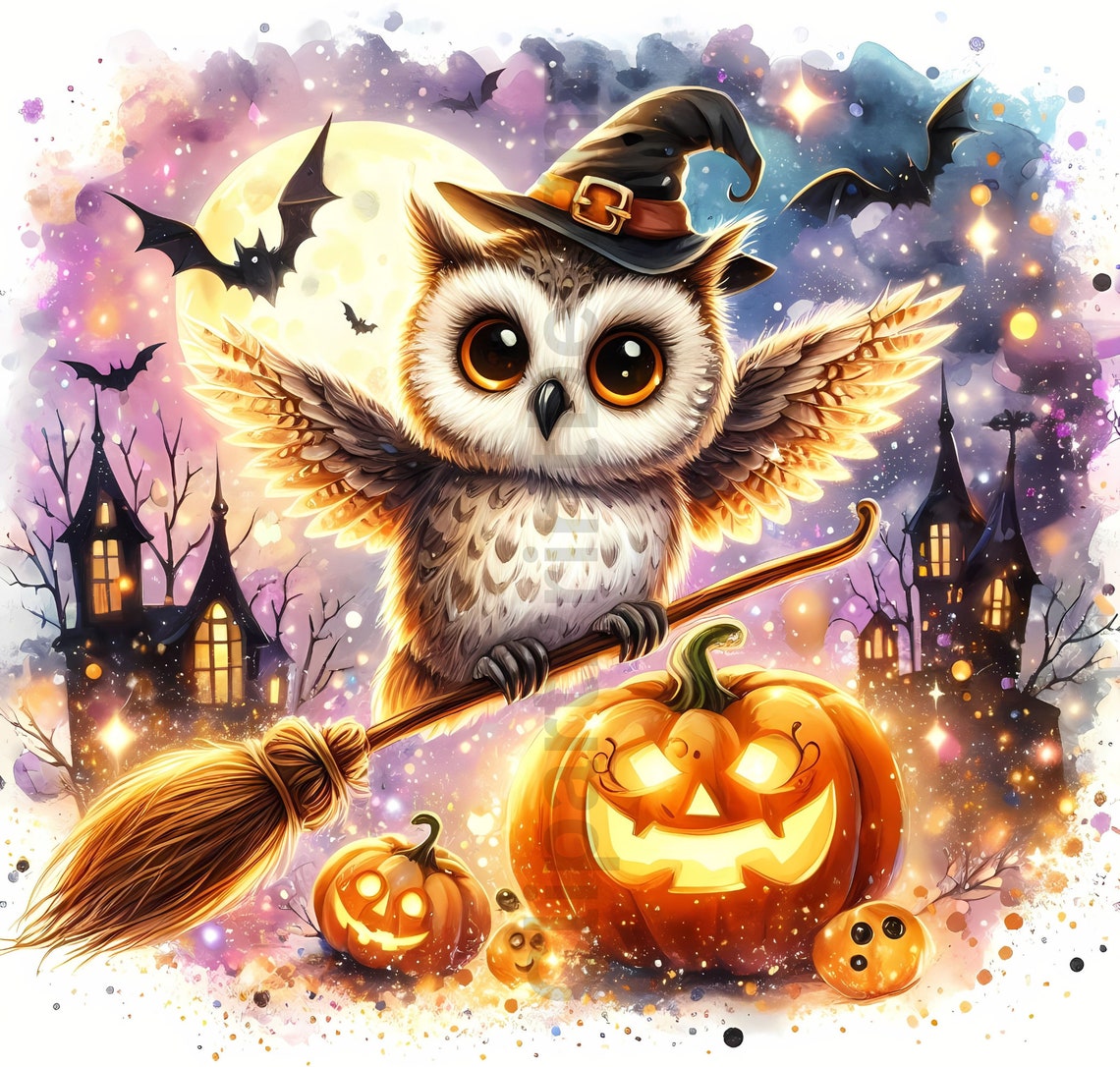 Cute Halloween Owls Clipart Bundle, Watercolor Owl Clip Art Images ...