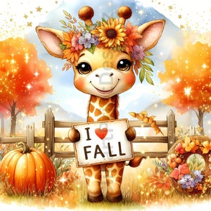 Cute Fall Giraffes Clipart Bundle, Watercolor Giraffe Clip Art Images ...