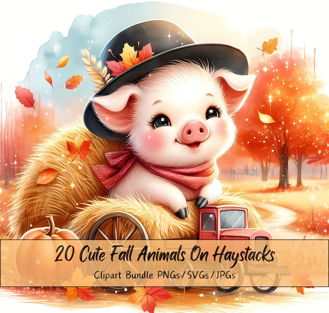 Cute Fall Animals on Haystacks Clipart Bundle, Watercolor Animal Clip ...