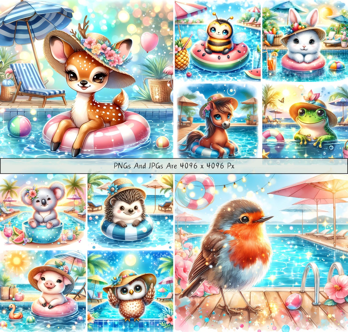 Cute Summer Pool Animals Clipart Bundle, Watercolor Sun Clip Art Images ...