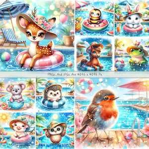 Cute Summer Pool Animals Clipart Bundle, Watercolor Sun Clip Art Images ...