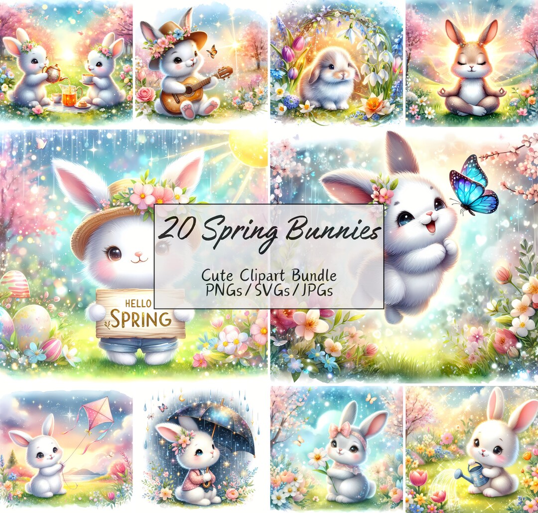 Cute Spring Bunny Clipart Bundle, Watercolor Clip Art Images, 20 High ...