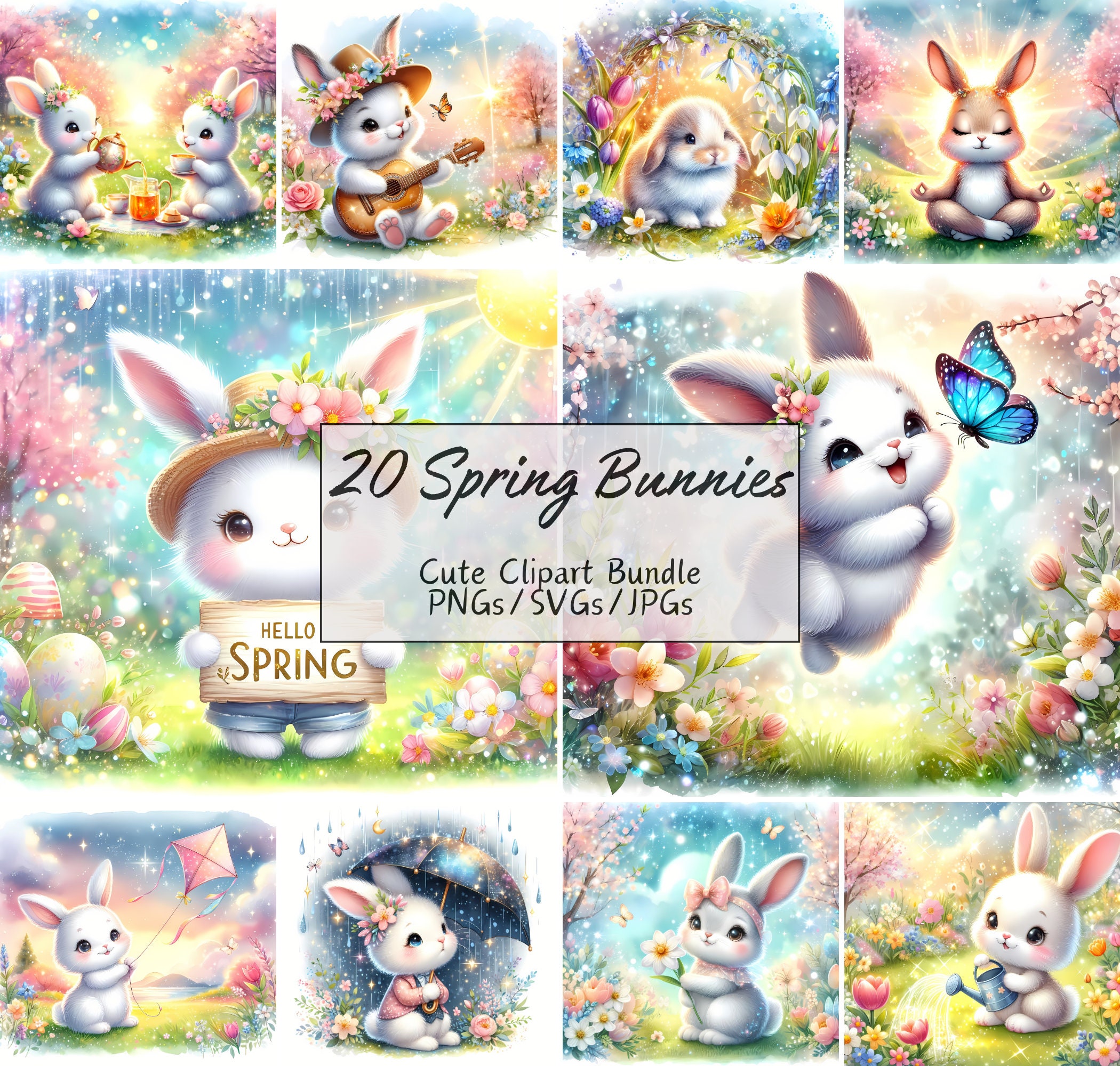 Cute Spring Bunny Clipart Bundle, Watercolor Clip Art Images, 20 High ...