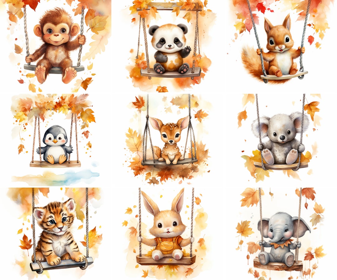 30 Cute Watercolor Fall Animals on Swings Baby Nursery - Etsy