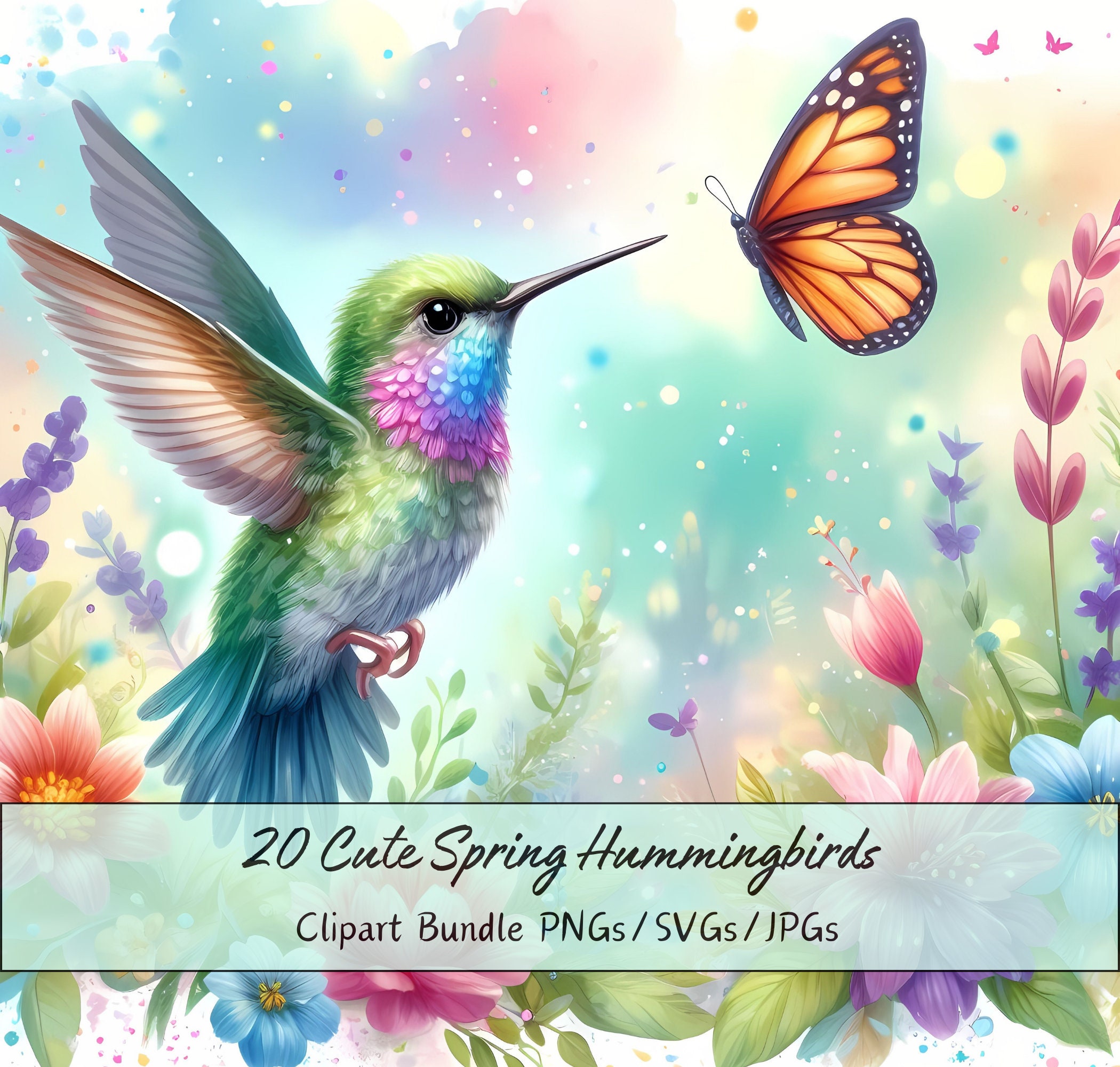 Cute Spring Hummingbirds Clipart Bundle, Watercolor Clip Art Images, High Quality Files, Funny ...