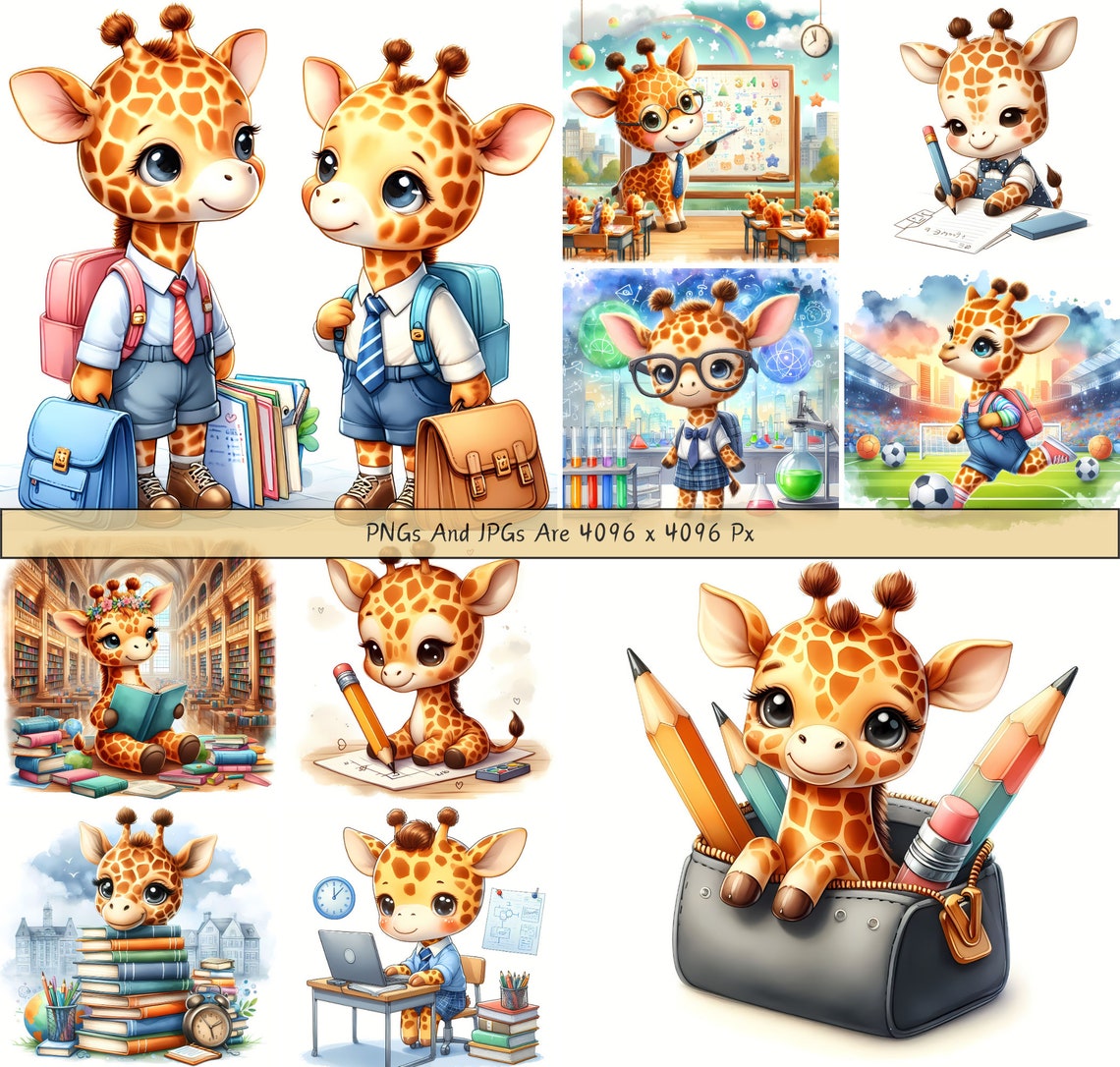 Cute Back to School Giraffes Clipart Bundle, Watercolor Giraffe Clip ...