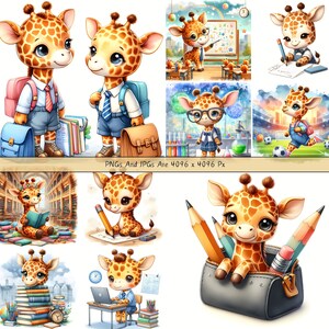 Cute Back to School Giraffes Clipart Bundle, Watercolor Giraffe Clip ...