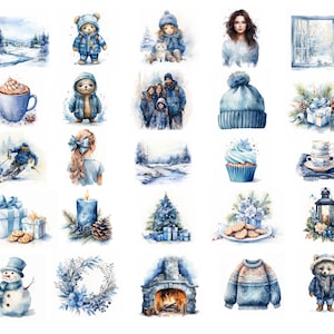 Cozy Winter Clipart Bundle, Blue Winter, Cute Watercolor Christmas ...