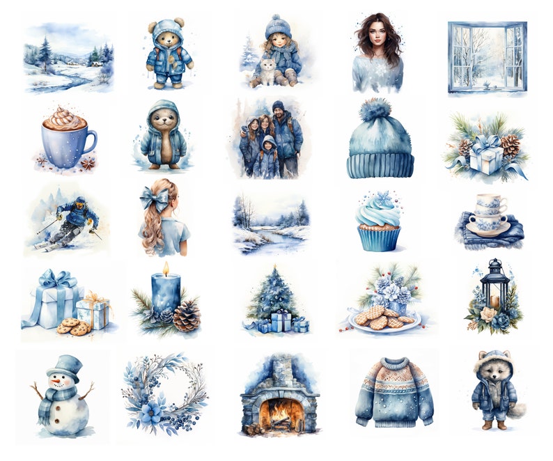 Cozy Winter Clipart Bundle, Blue Winter, Cute Watercolor Christmas ...