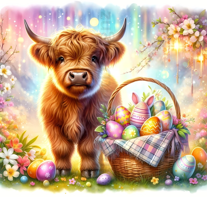 Cute Easter Highland Cow Clipart, Funny Watercolor Animal Images, High ...
