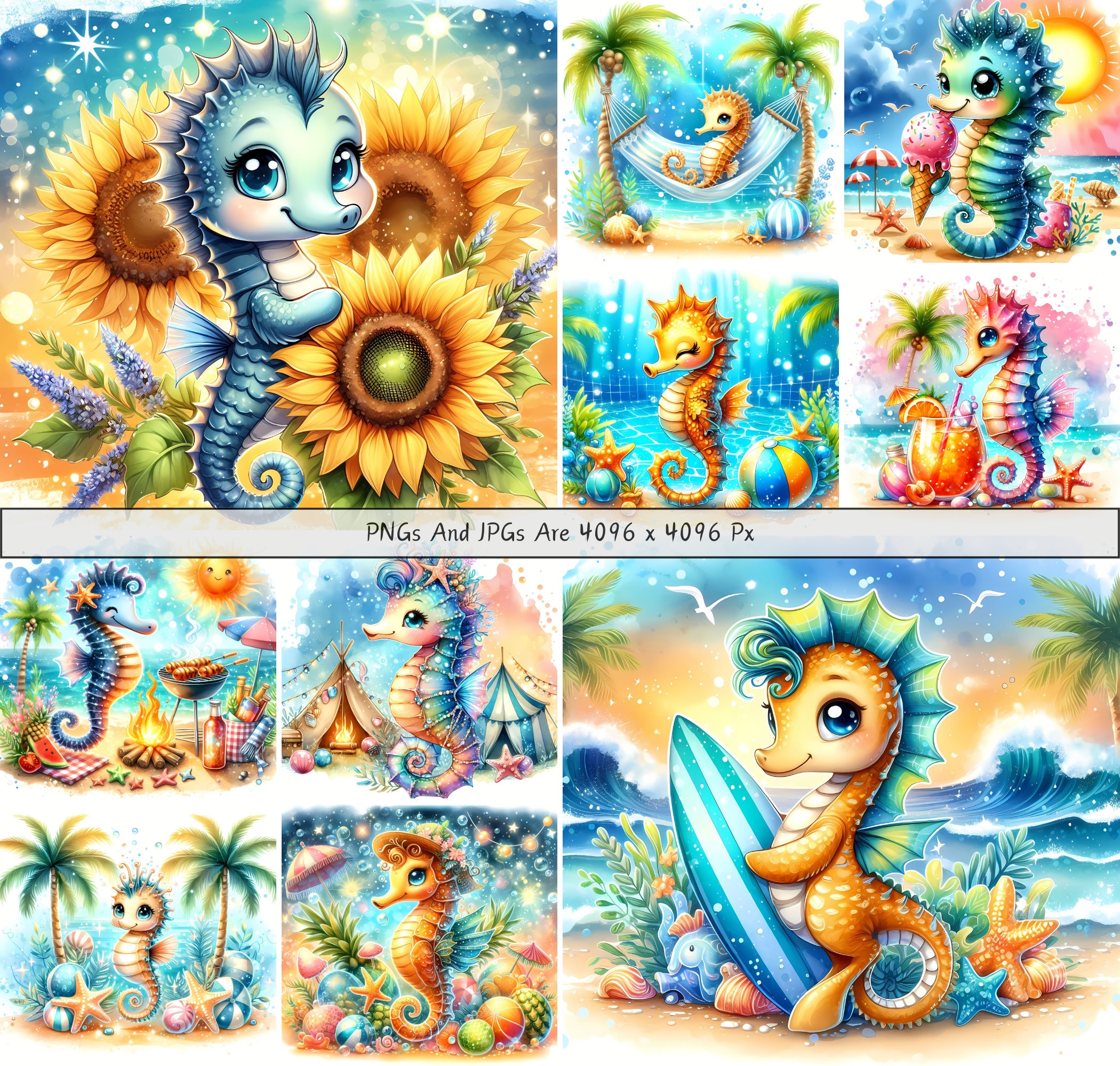 Cute Summer Seahorses Clipart Bundle, Watercolor Seahorse Clip Art ...