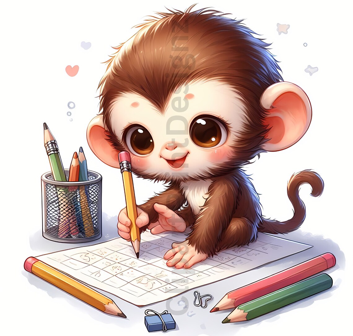 Cute Back to School Moneys Clipart Bundle, Watercolor Monkey Clip Art ...