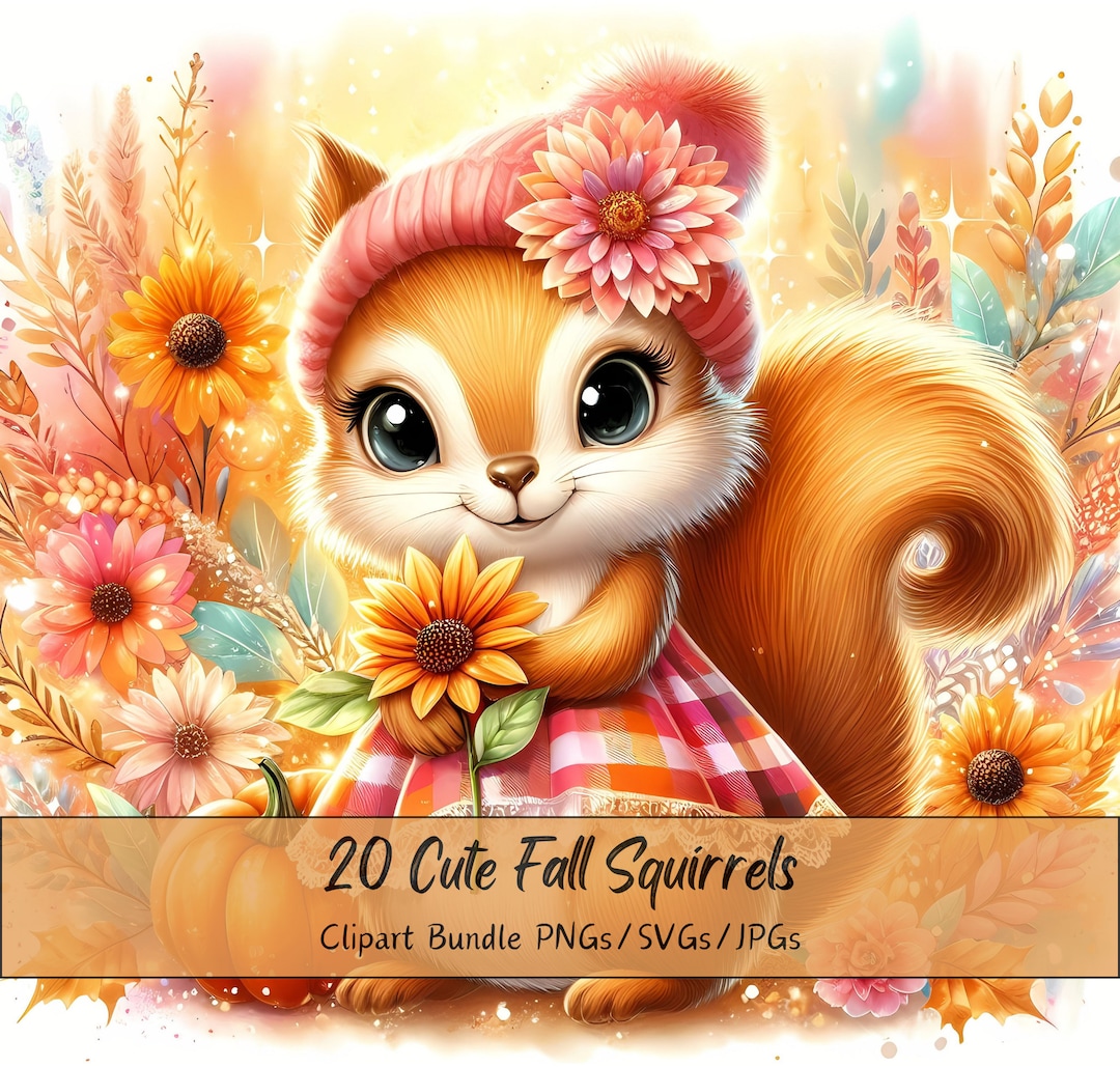 Cute Fall Squirrels Clipart Bundle, Watercolor Autumn Squirrel Clip Art ...