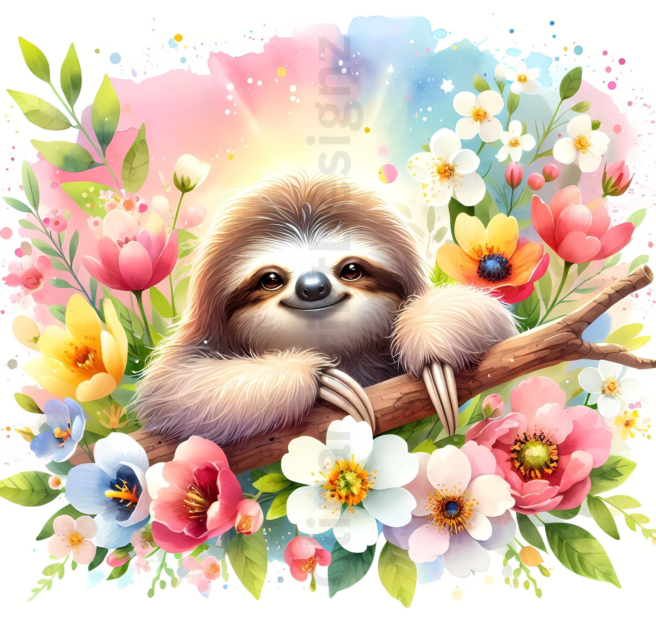 Cute Spring Sloths Clipart Bundle, Watercolor Clip Art Images, High ...