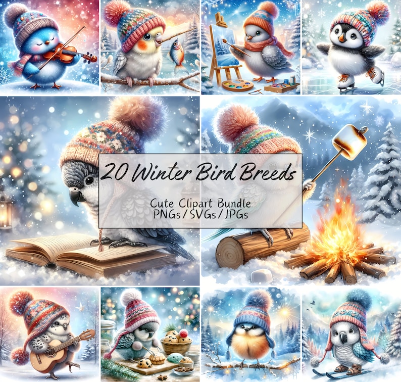 Cute Winter Bird Breeds Clipart Bundle, Festive Watercolor Clip Art ...