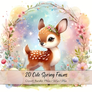 Cute Spring Fawn Clipart Bundle, Watercolor Clip Art Images, 20 High ...