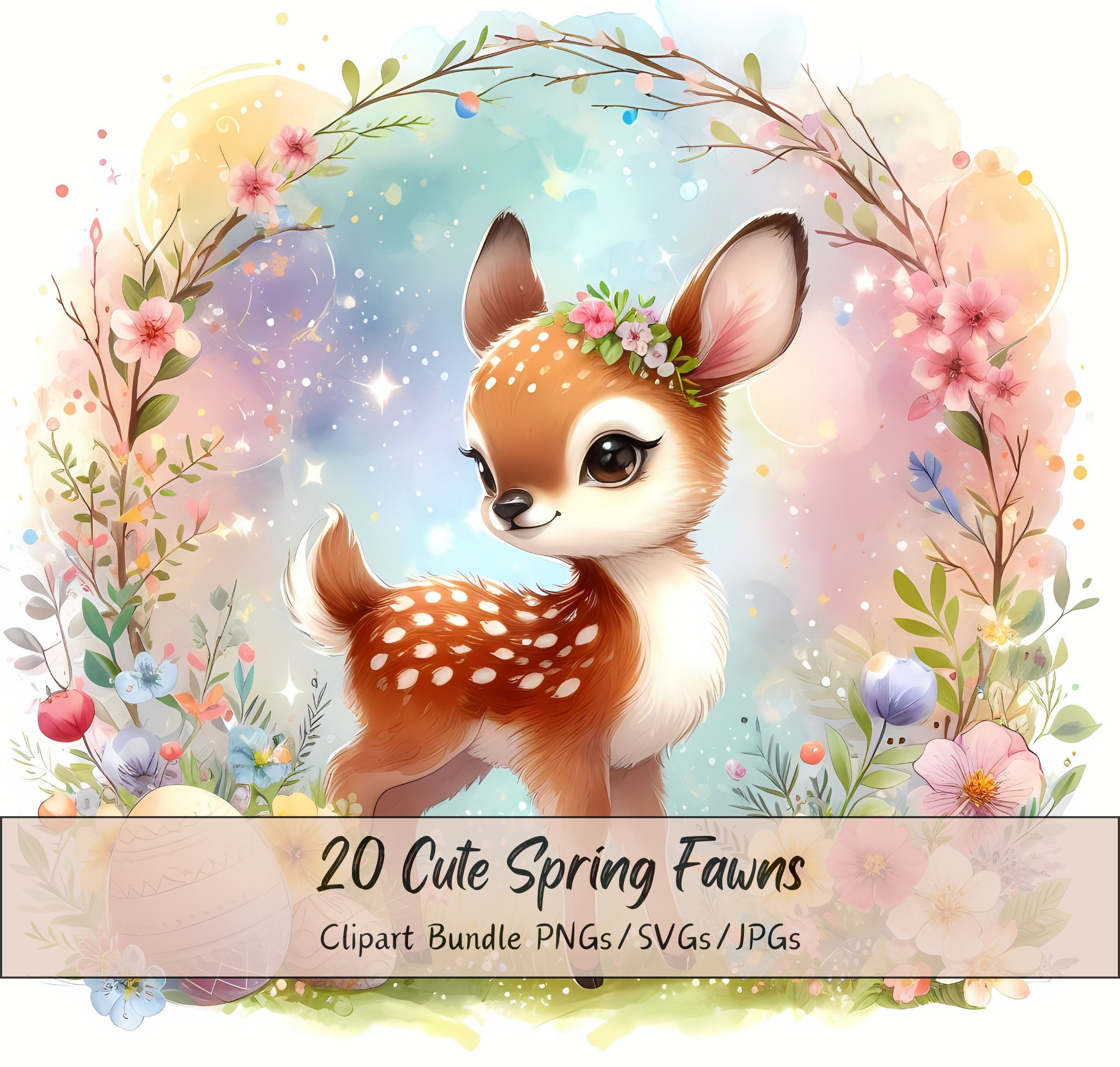 Cute Spring Fawn Clipart Bundle, Watercolor Clip Art Images, 20 High ...