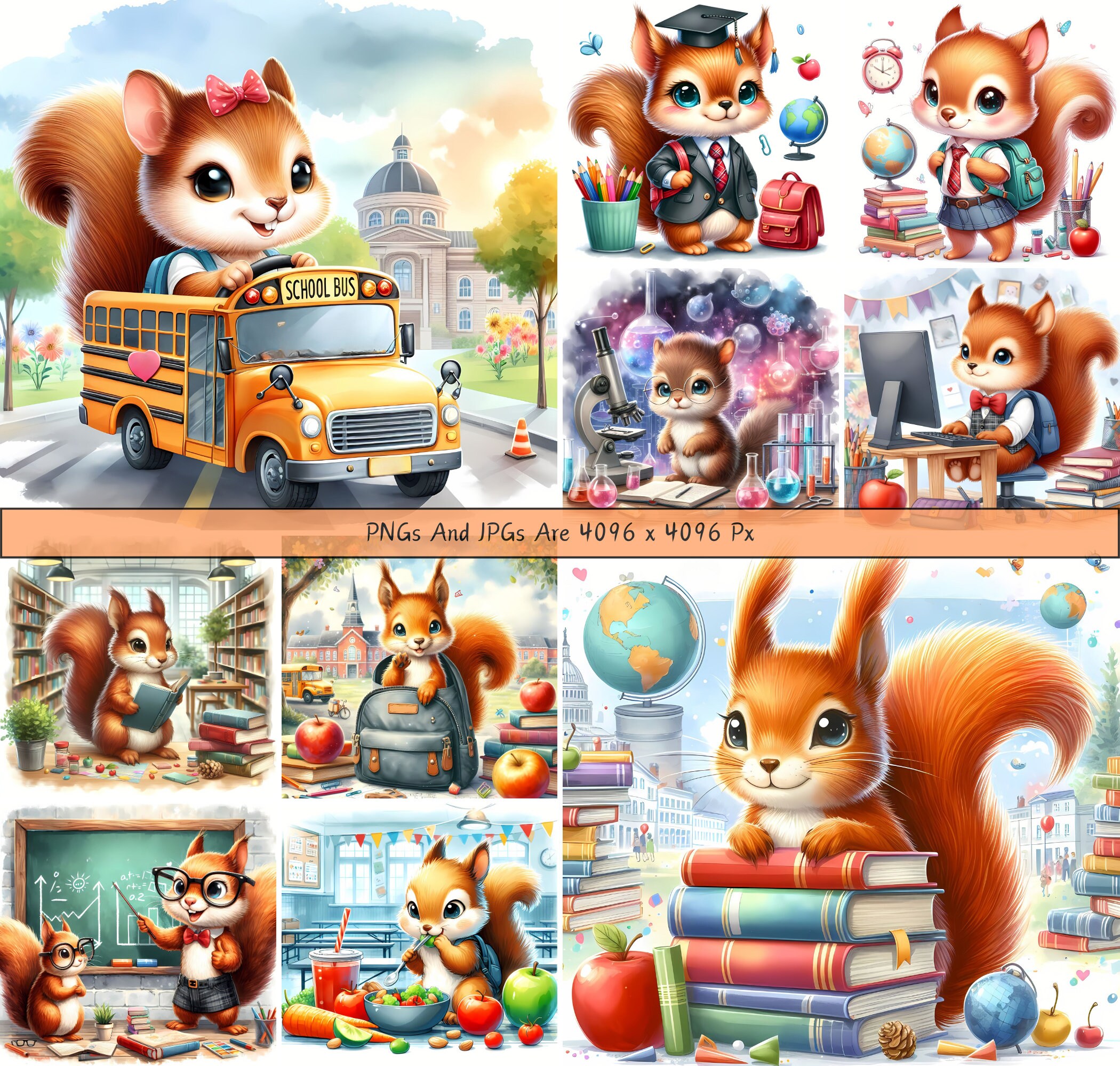 Cute Back to School Squirrels Clipart Bundle, Watercolor Squirrel Clip ...