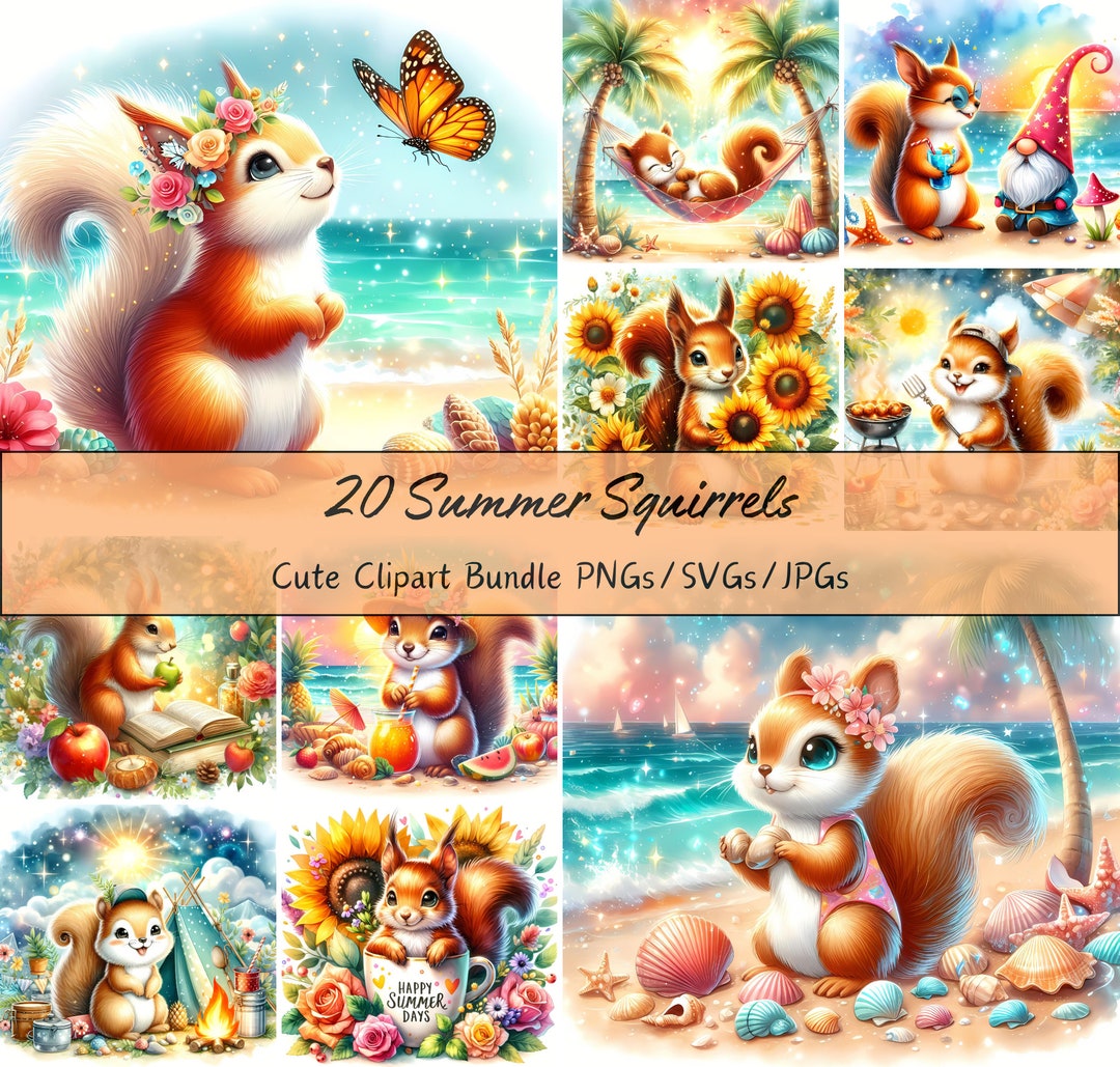 Cute Summer Squirrels Clipart Bundle, Watercolor Squirrel Clip Art ...