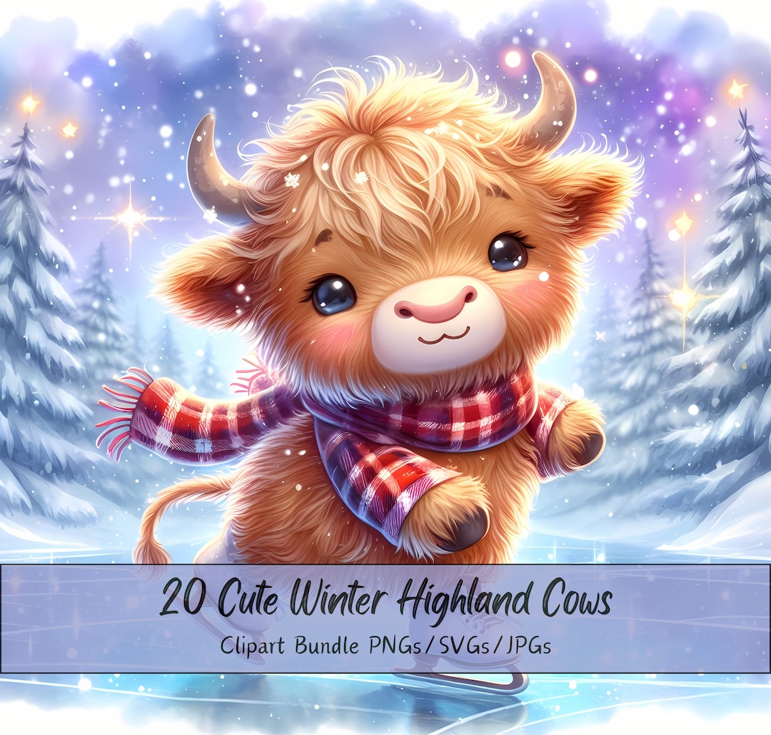 Cute Winter Baby Highland Cow Clipart Bundle, Festive Watercolor Clip ...