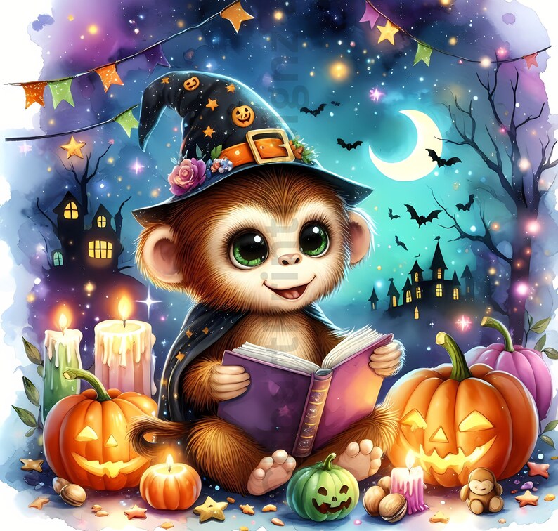 Cute Halloween Monkeys Clipart Bundle, Watercolor Monkey Clip Art ...
