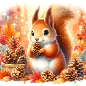 Cute Fall Squirrels Clipart Bundle, Watercolor Autumn Squirrel Clip Art ...