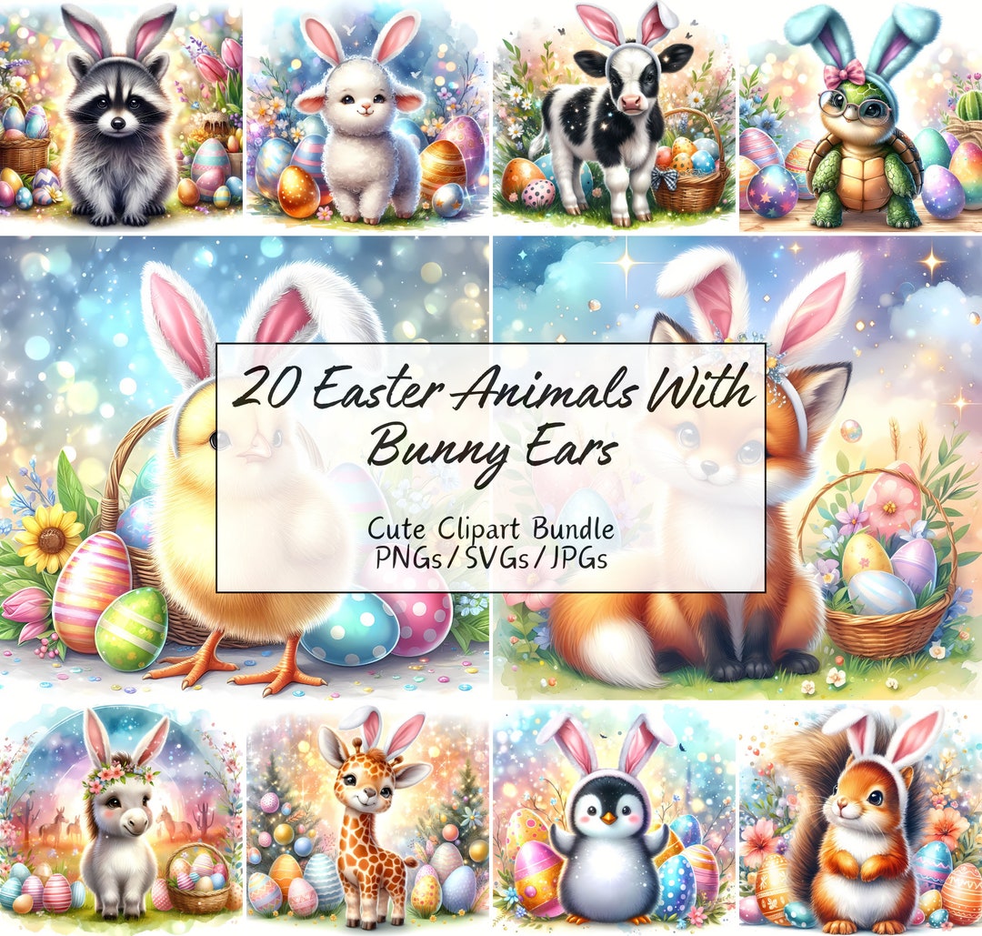 Cute Easter Animals With Bunny Ears Clipart, Funny Watercolor Animal ...