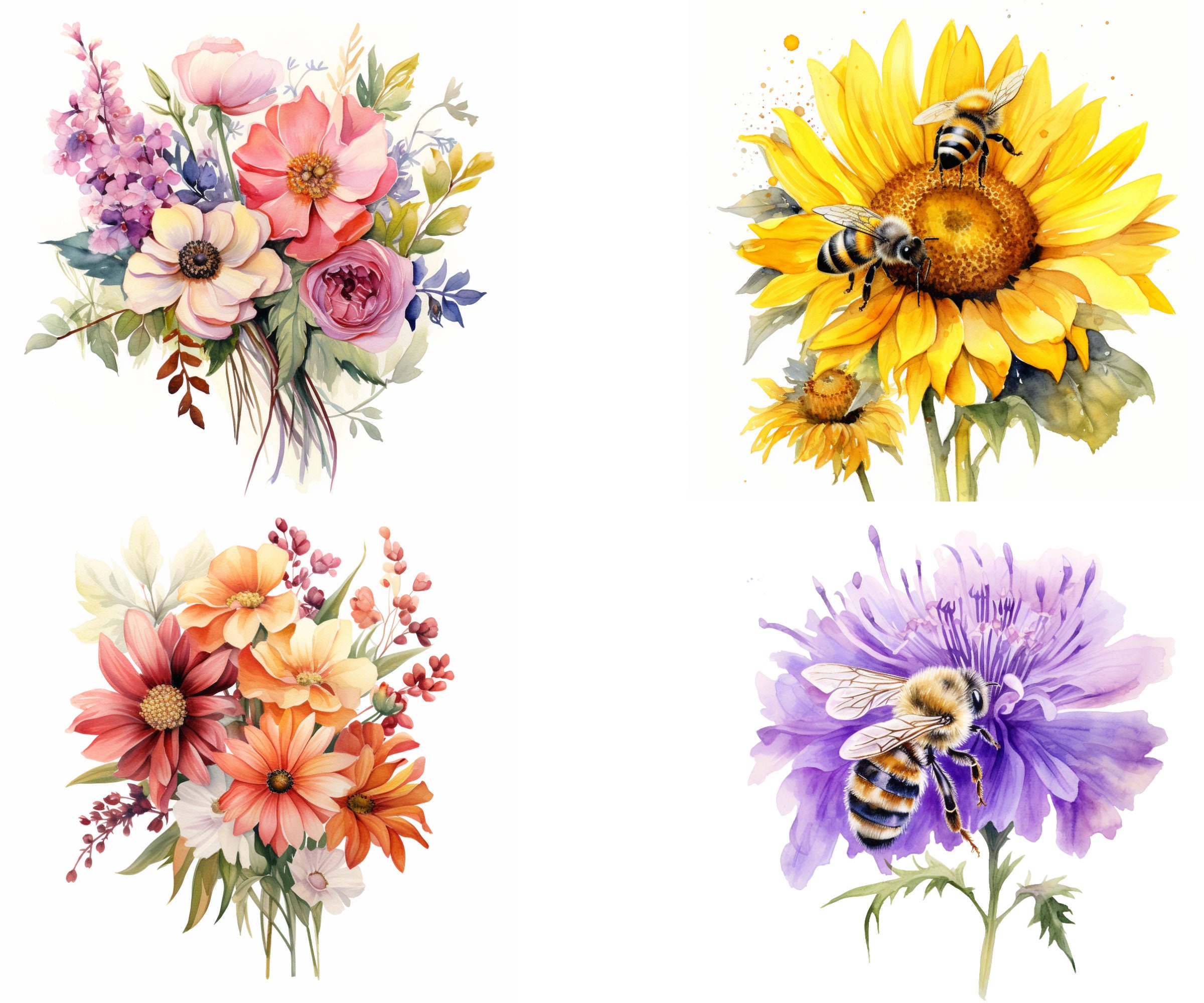 Cute Watercolor Bees Clipart Bundle, 20 High Quality Images, 300 Dpi ...