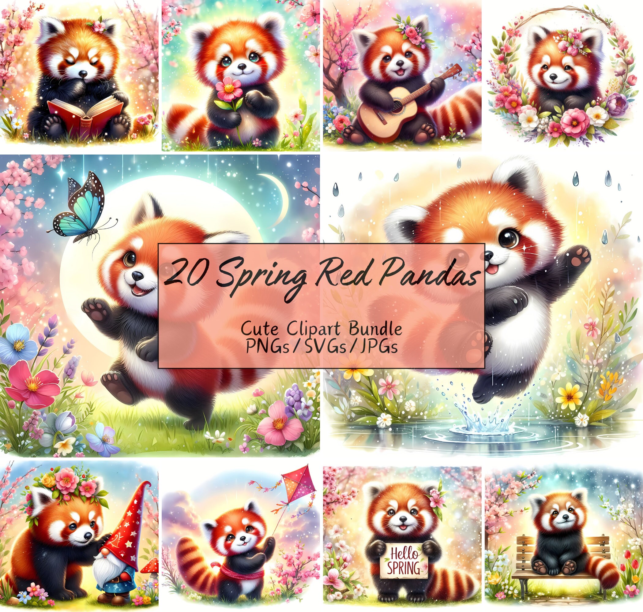 Cute Spring Red Pandas Clipart Bundle, Watercolor Clip Art Images, High ...