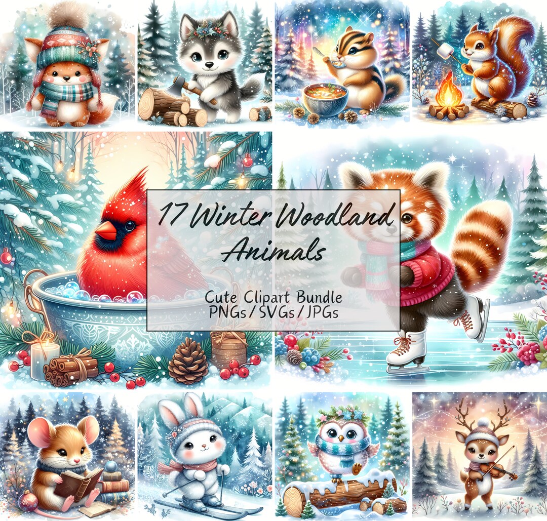 Cute Winter Woodland Animals Clipart Bundle, Festive Watercolor Clip ...