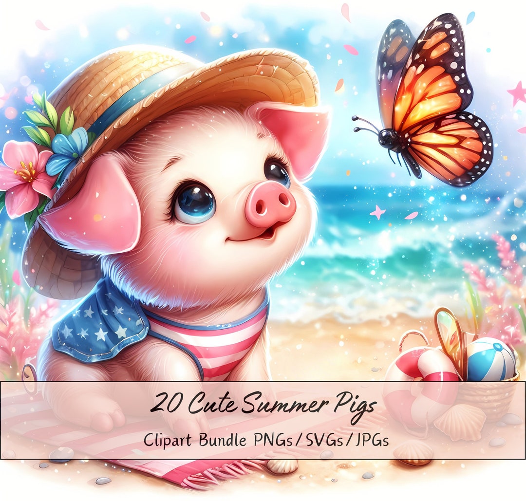 Cute Summer Pigs Clipart Bundle, Watercolor Pig Clip Art Images, High ...