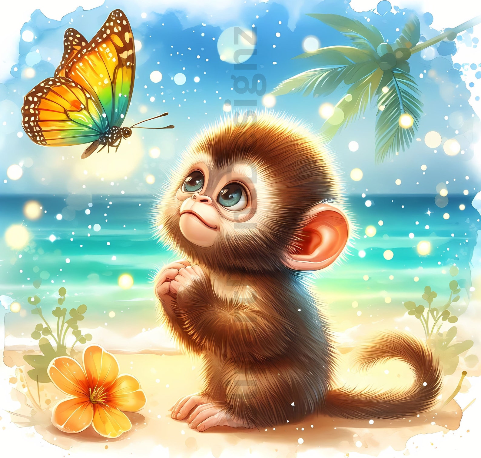 Cute Summer Monkeys Clipart Bundle, Watercolor Monkey Clip Art Images ...