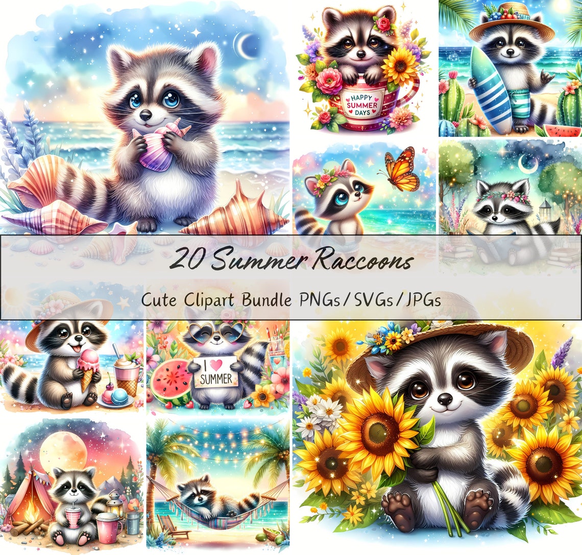 Cute Summer Raccoons Clipart Bundle, Watercolor Raccoon Clip Art Images ...