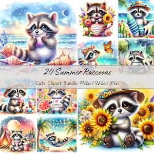 Cute Summer Raccoons Clipart Bundle, Watercolor Raccoon Clip Art Images ...